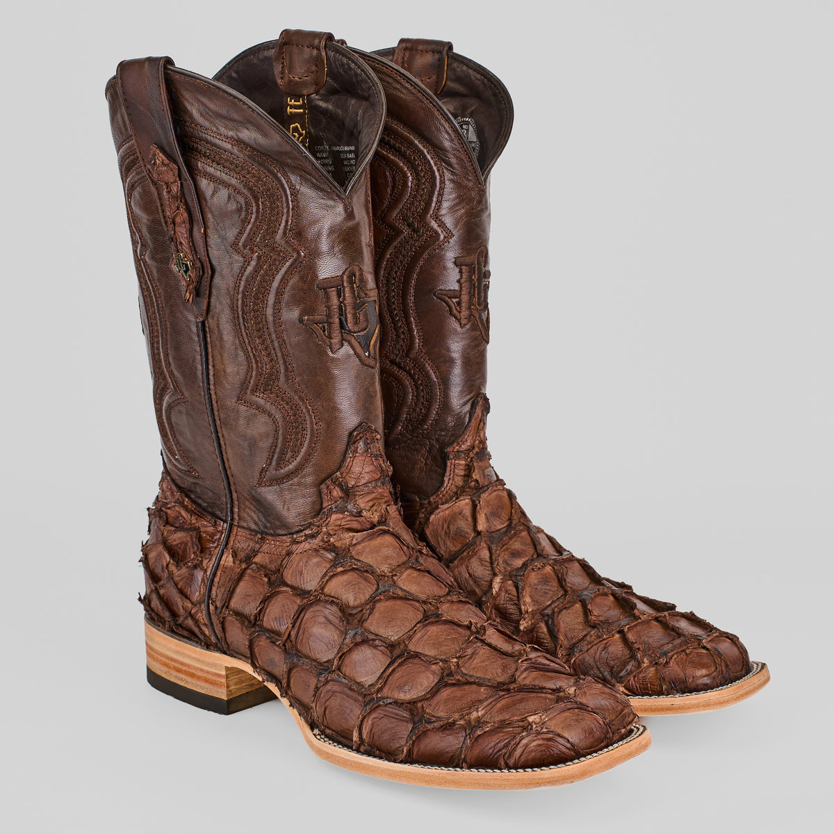 Exotic Pirarucu Fish Cowboy Boots for Men – Brown Conor, Square Toe ...